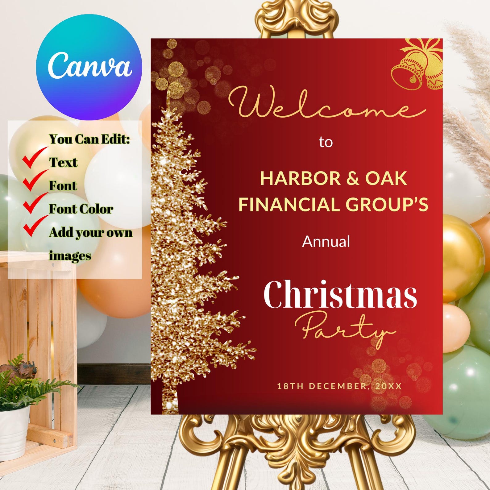 Editable Elegant Red and Gold Christmas Party Welcome Sign Template ...