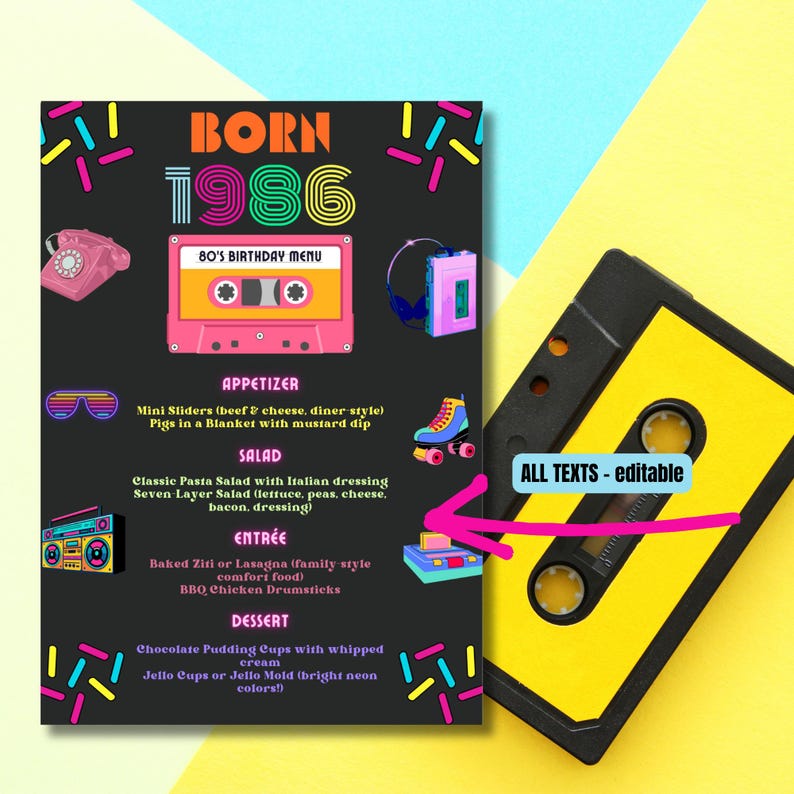 Editable 1980s Birthday Menu Template, Printable Retro Born 1986 ...