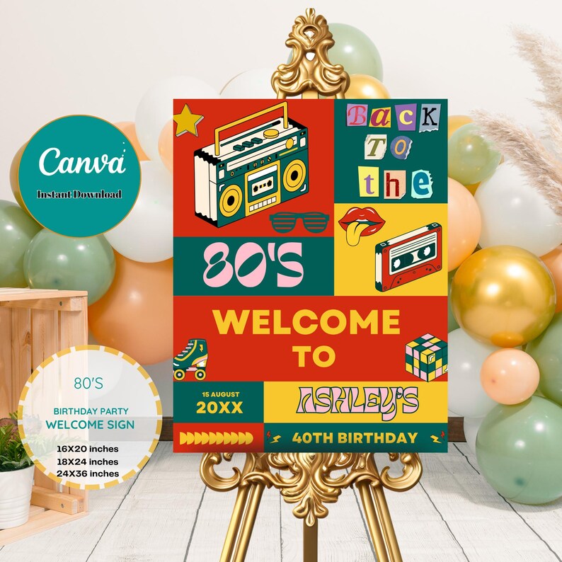 Editable Retro Back to the 80's Birthday Party Welcome Sign Template ...