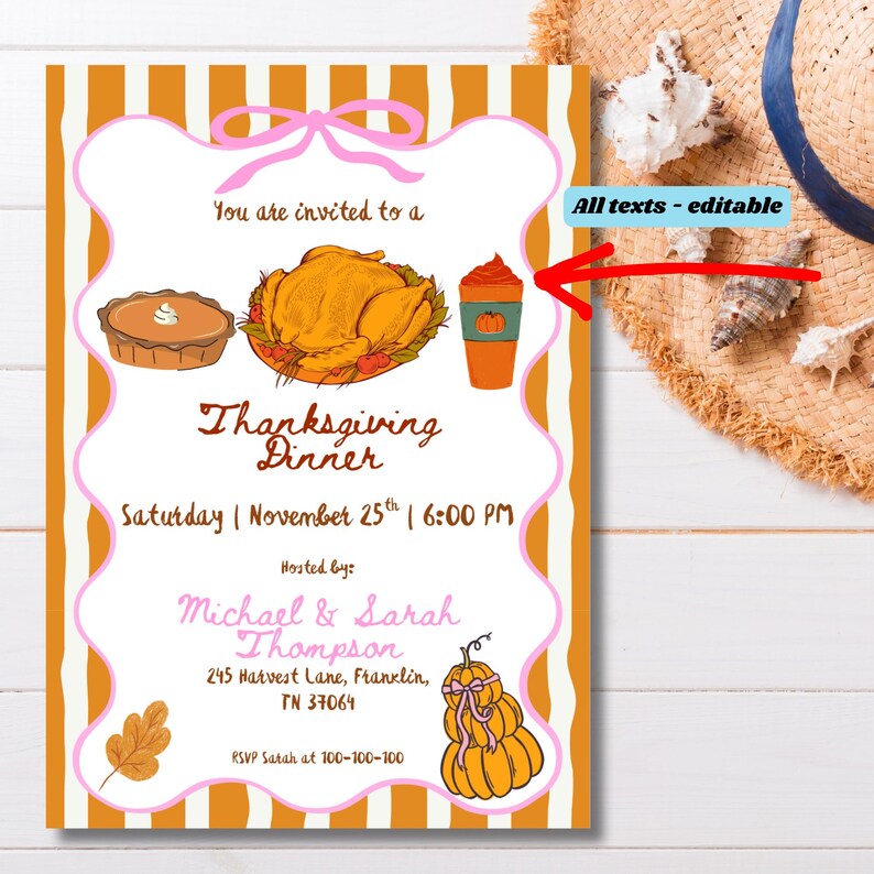 Editable Hand Drawn Thanksgiving Invitation Template, Printable ...