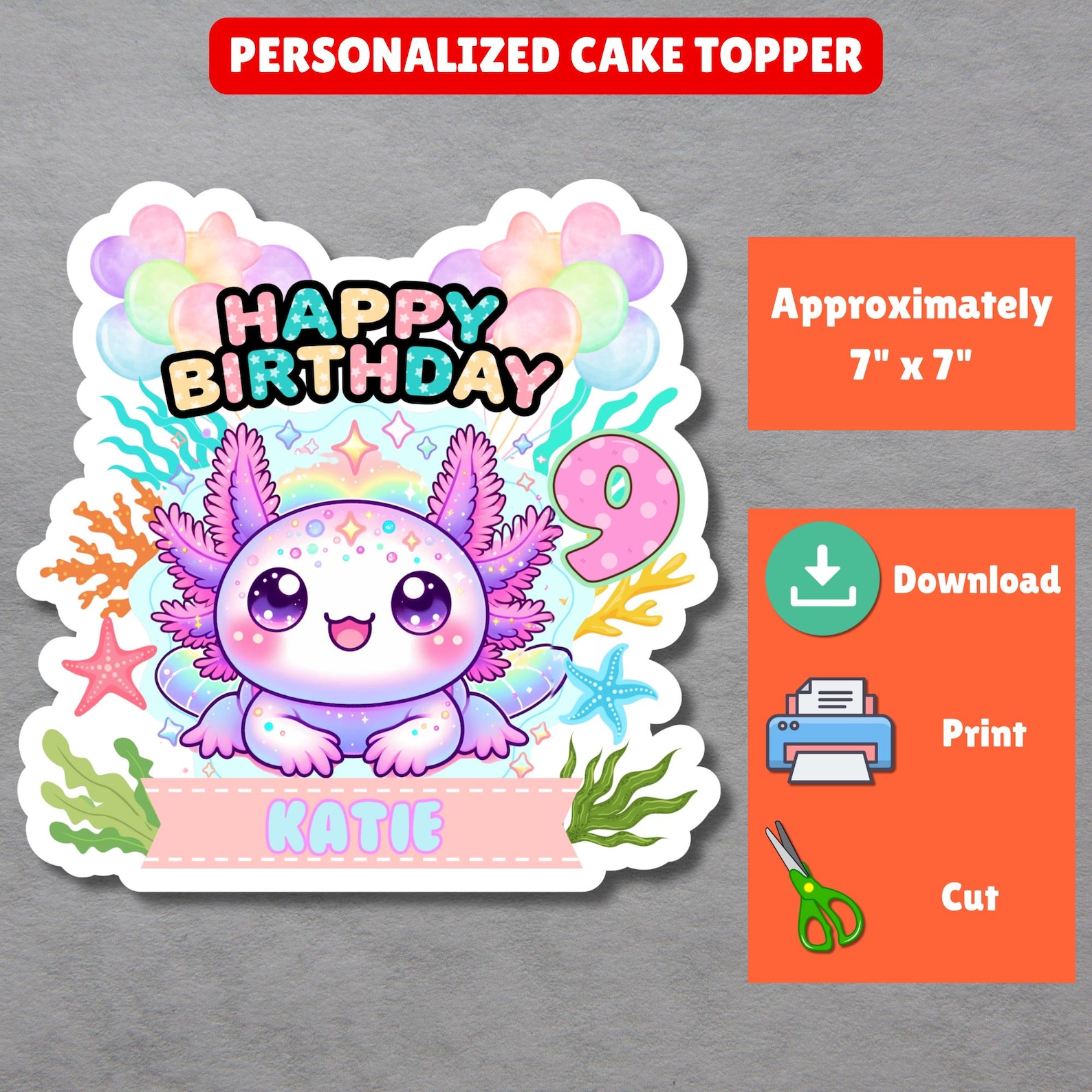 Personalized Axolotl Cake Topper, Custom Axolotl Cake Topper, Printable ...