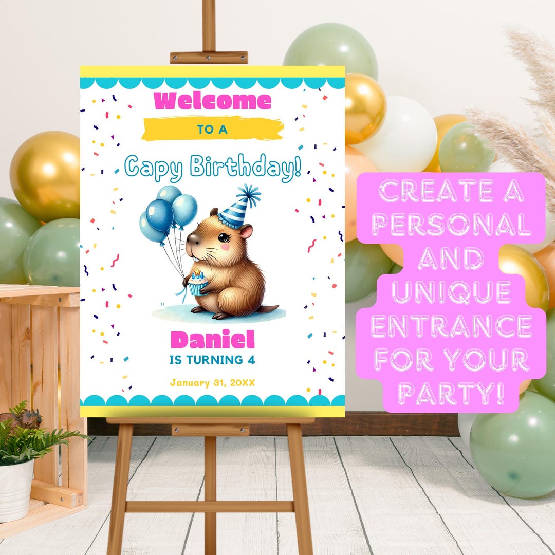 Editable Blue Capybara Birthday Party Welcome Sign Template, Printable ...