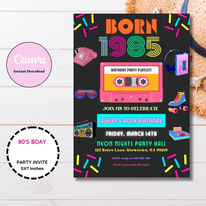 Editable 1985 40th Birthday Party Invitation Template, Printable Neon ...