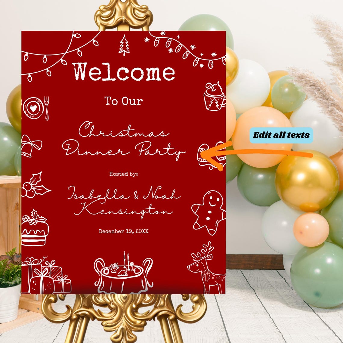 Editable Hand Drawn Christmas Dinner Party Welcome Sign Template ...