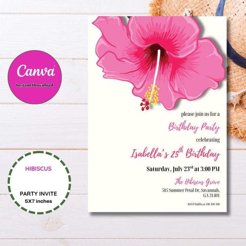 Editable Hibiscus Flower Birthday Party Invitation Template, Printable ...