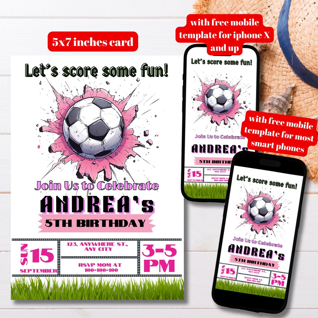 Editable Pink Soccer Girl Birthday Invitation Template, Printable ...