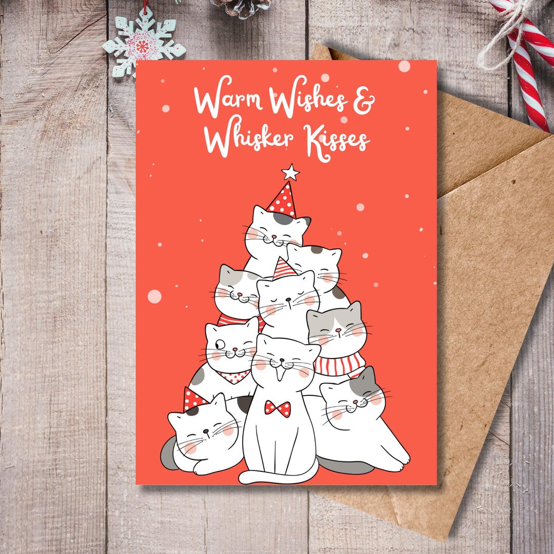 Printable Christmas Tree Cat Greeting Card, Warm Wishes & Whisker ...
