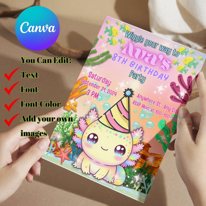 Editable Axolotl Birthday Invitation Template, Printable Cute Axolotl ...