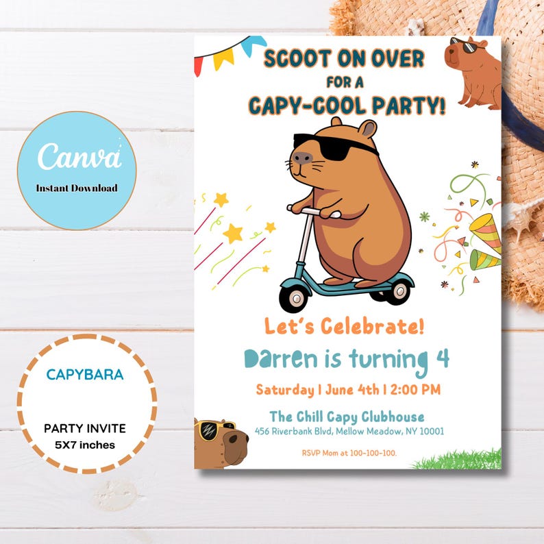 Capybara Printable Invitation Capy Cool Birthday Invitation Template ...