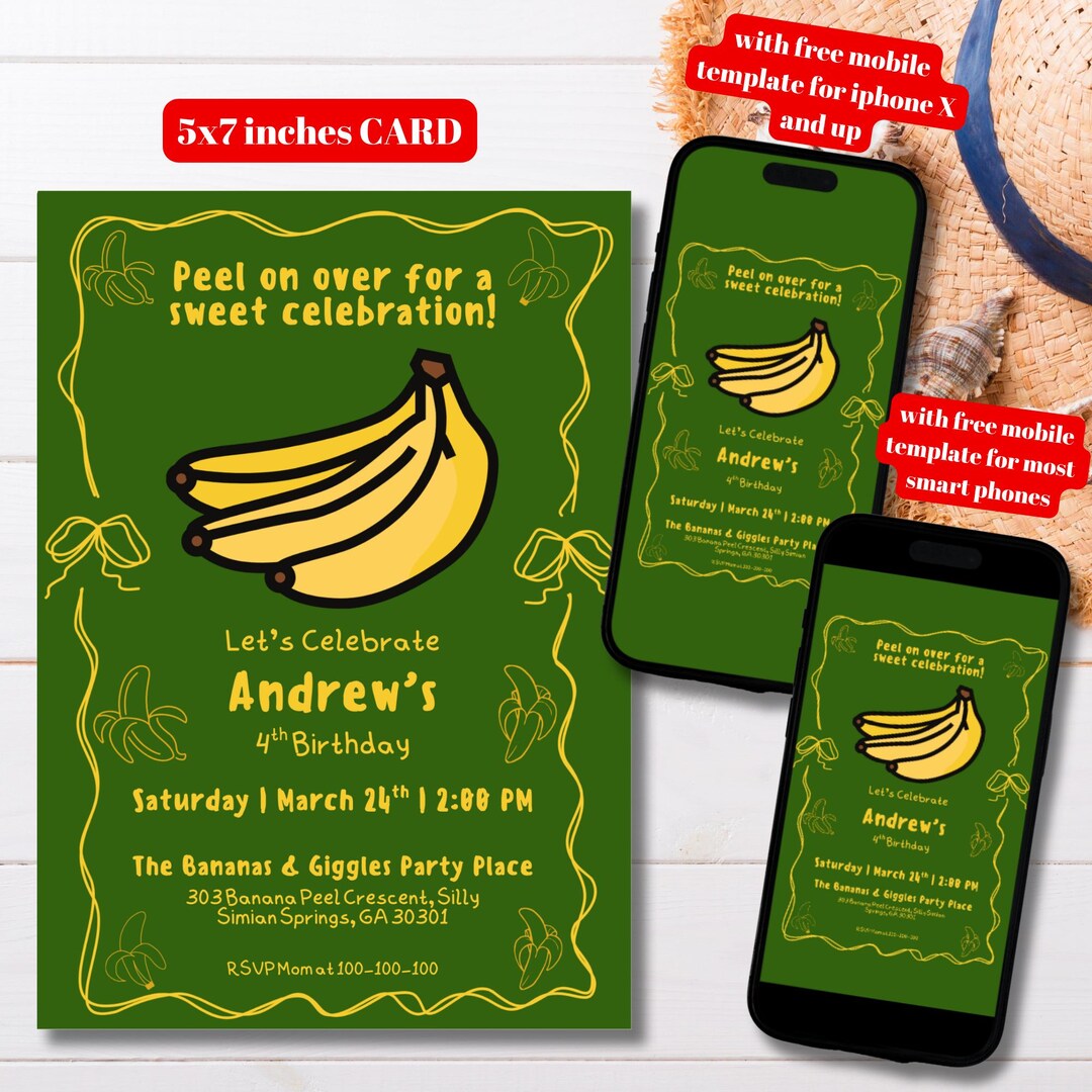 Editable Hand Drawn Banana Birthday Party Invitation Template ...