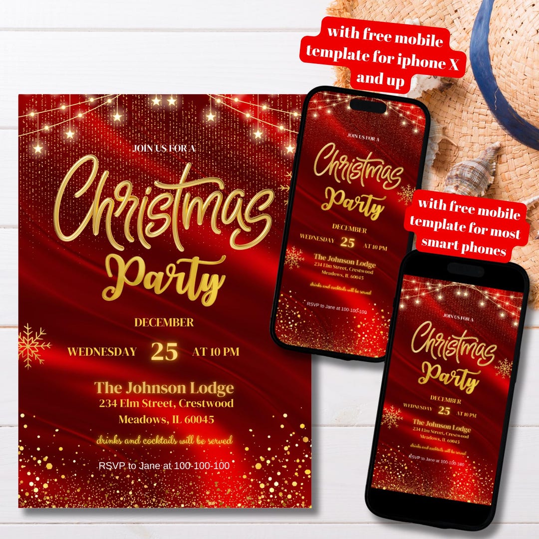 Editable Red and Gold Christmas Party Invitation Template, Elegant Red ...