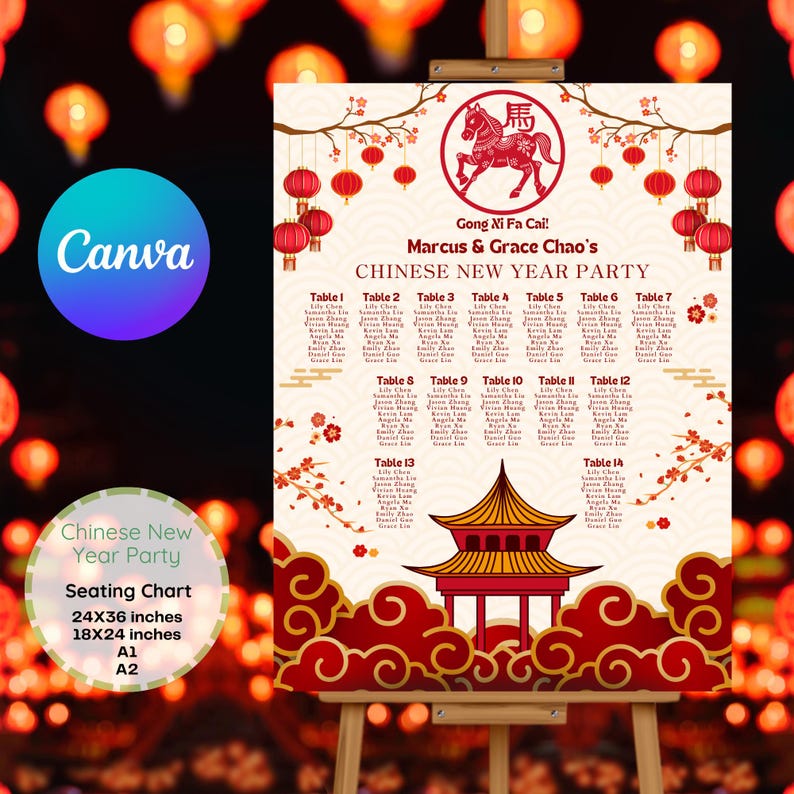 Editable Year of the Horse Chinese New Year Seating Chart Template ...