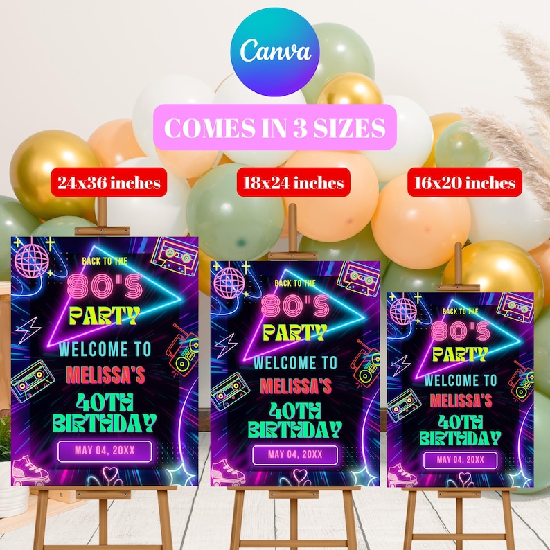 Editable Neon Glow Back to the 80s Birthday Party Welcome Sign Template ...