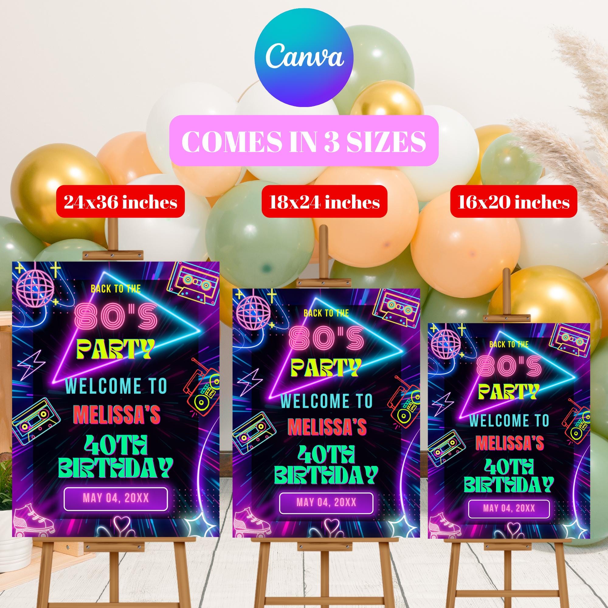 Editable Neon Glow Back to the 80s Birthday Party Welcome Sign Template ...