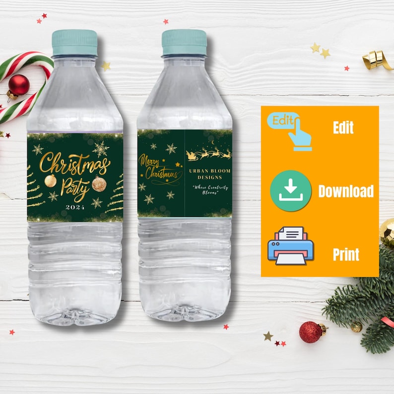 Editable Christmas Water Bottle Label Template, Elegant Emerald Green ...