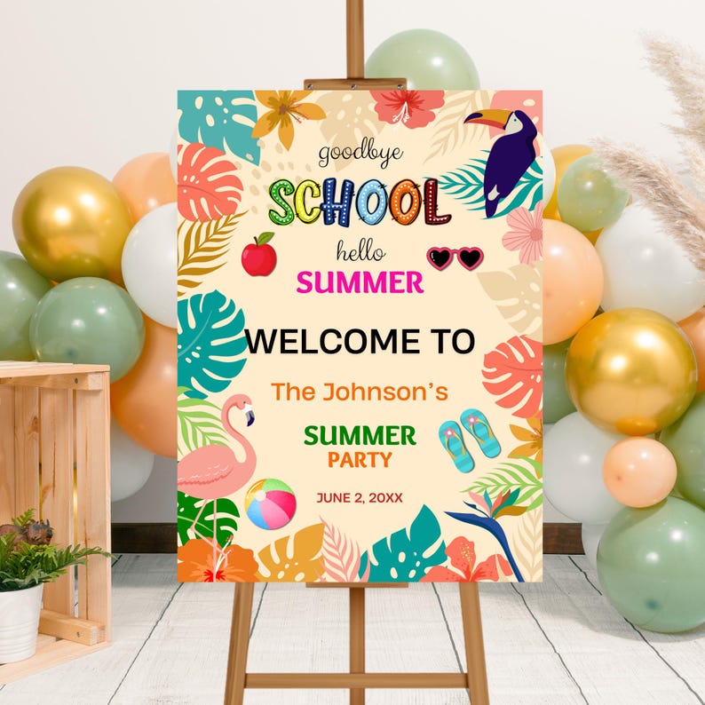 Editable Goodbye School Hello Summer Party Welcome Sign Template ...