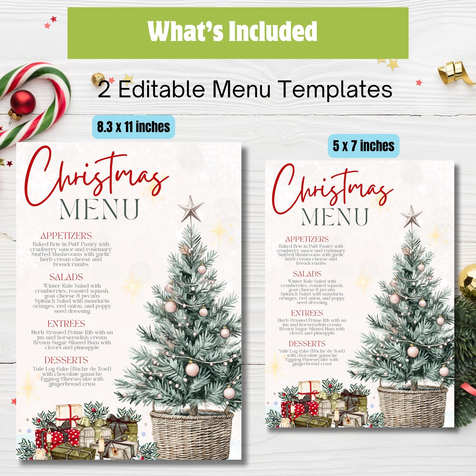 Editable Christmas Tree in a Basket Christmas Party Menu Template ...