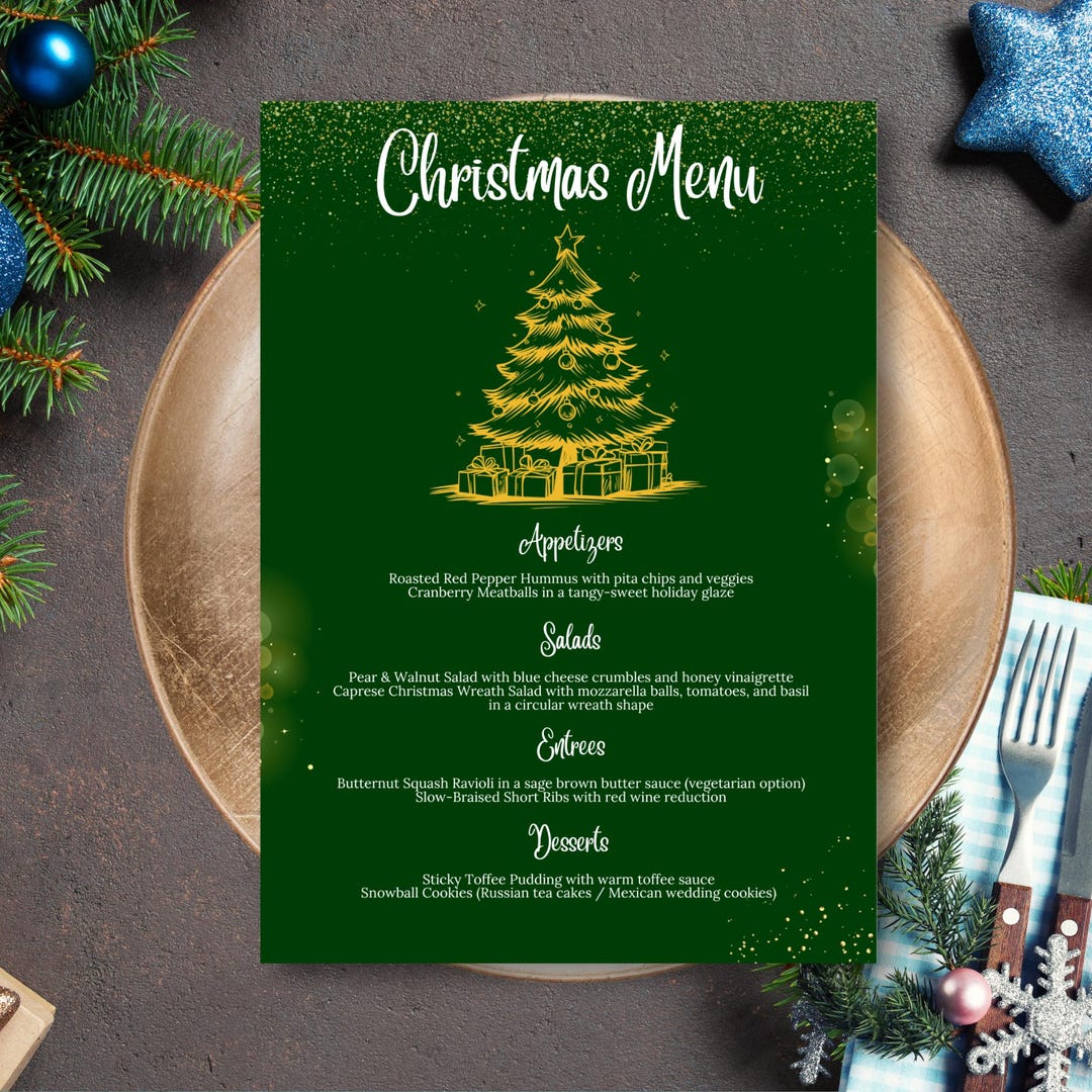 Editable Green and Gold Christmas Tree Party 5x7 Menu Template, Holiday ...