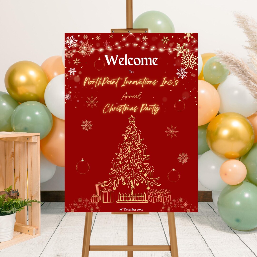Editable Red and Gold Christmas Party Welcome Sign Template, Printable ...
