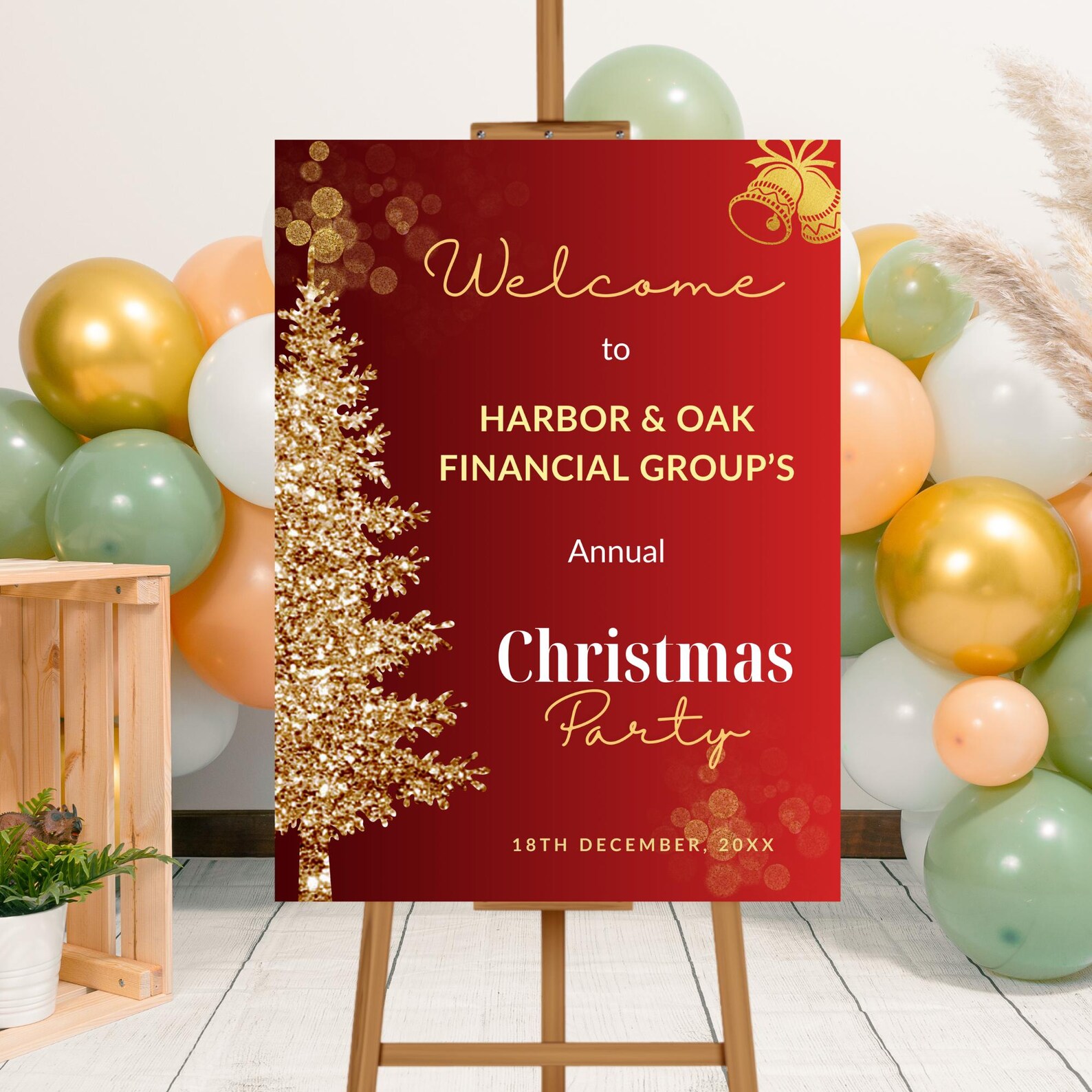 Editable Elegant Red and Gold Christmas Party Welcome Sign Template ...