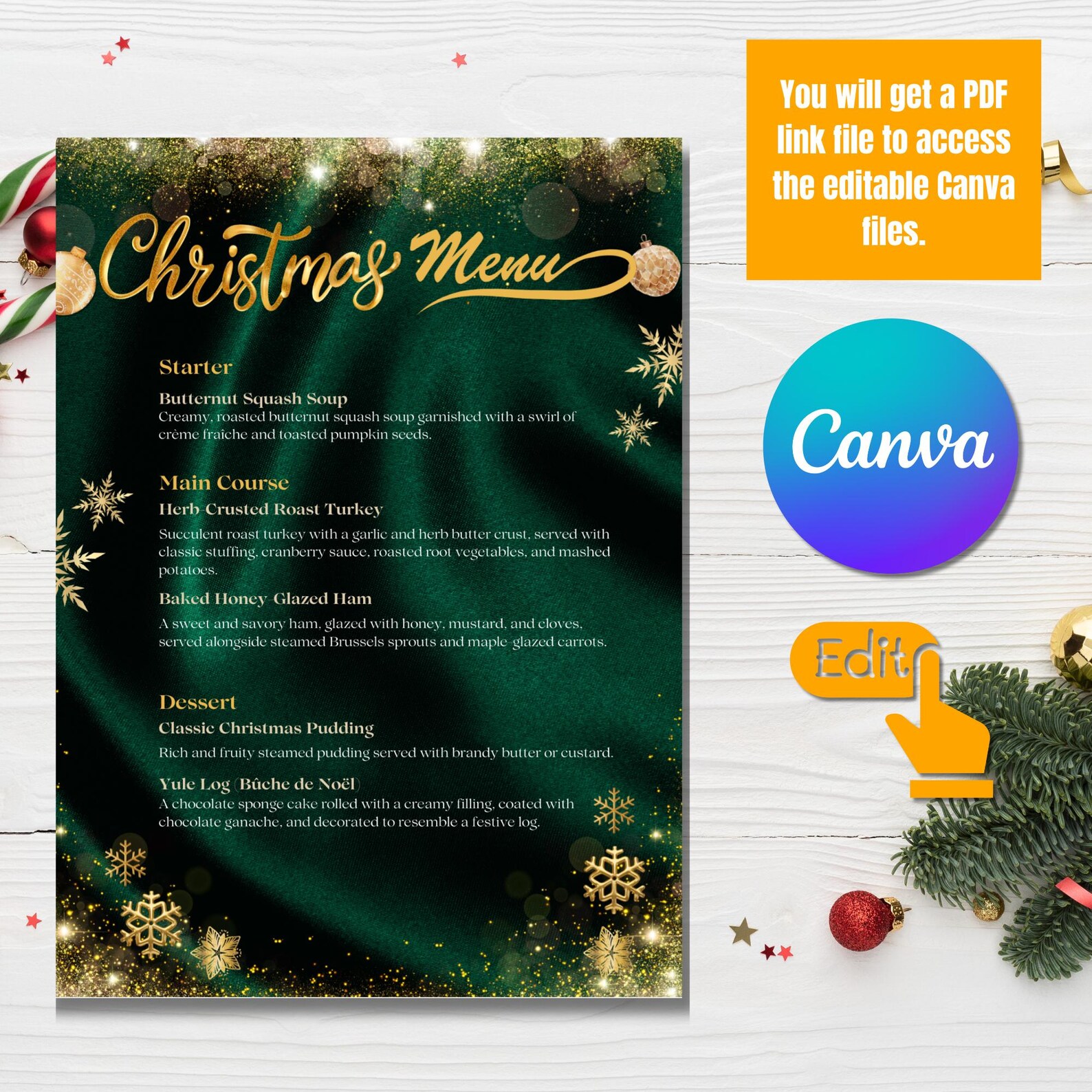Editable Christmas Dinner Menu Template, Elegant Emerald Green and Gold ...