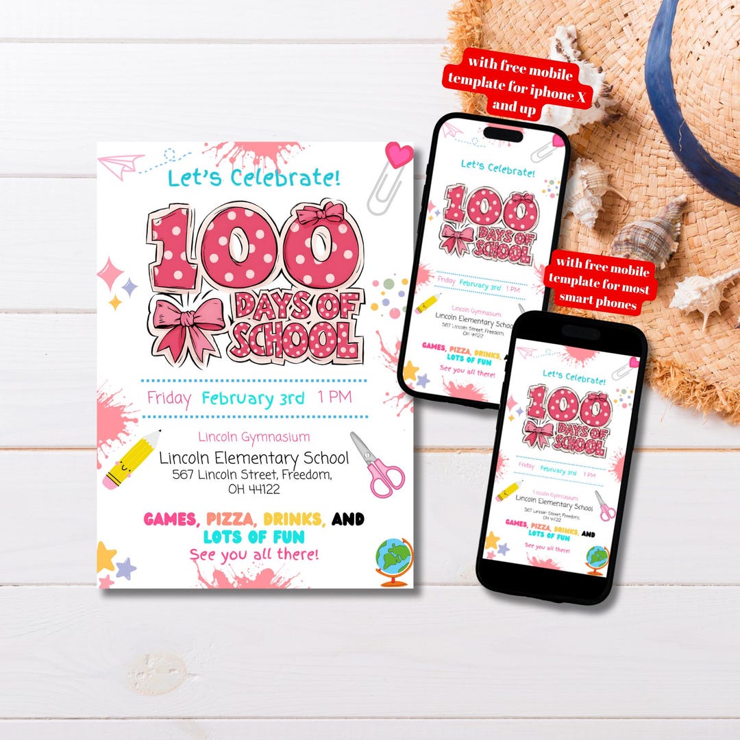 Editable Let's Celebrate 100 Days of School Party Invitation Template ...
