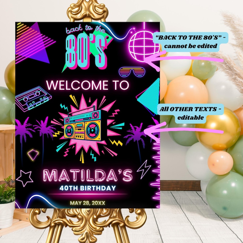 Editable Back to the 80s Neon Glow Birthday Party Welcome Sign Template ...