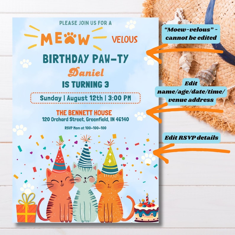 Editable Cats Birthday Invitation Template, Printable Cute Cats Bday ...