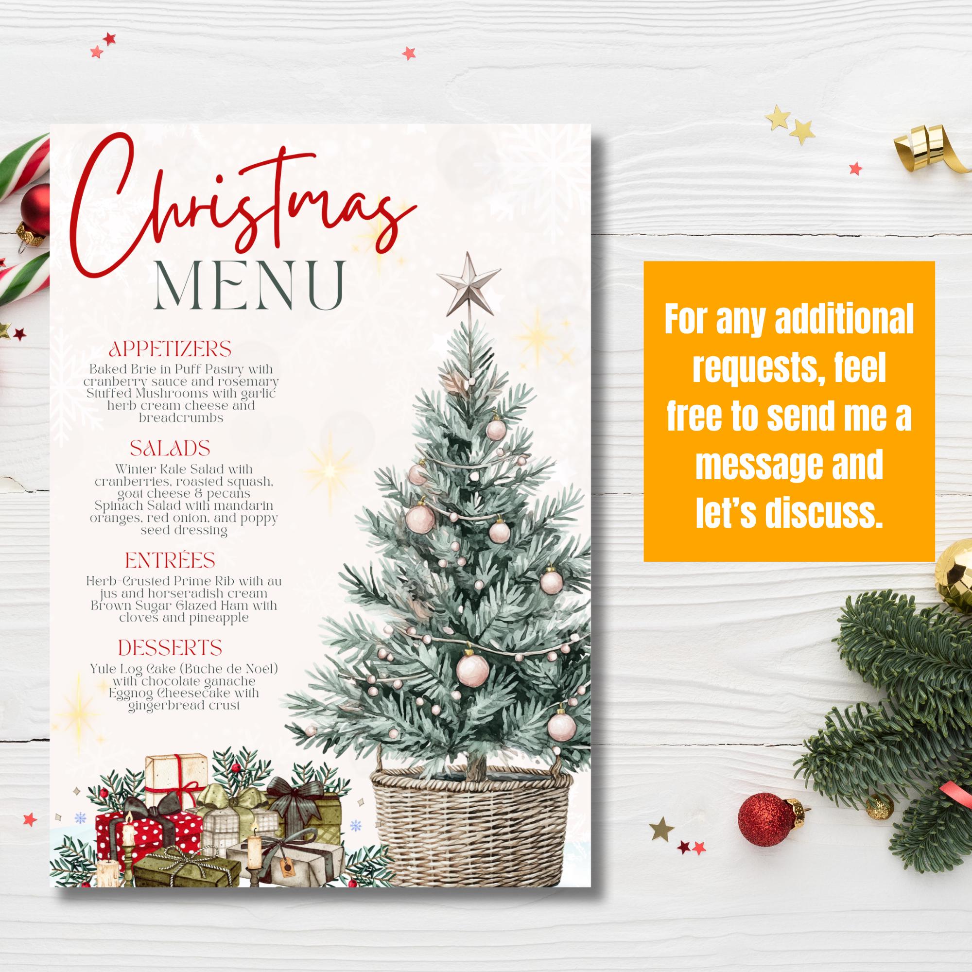 Editable Christmas Tree in a Basket Christmas Party Menu Template ...