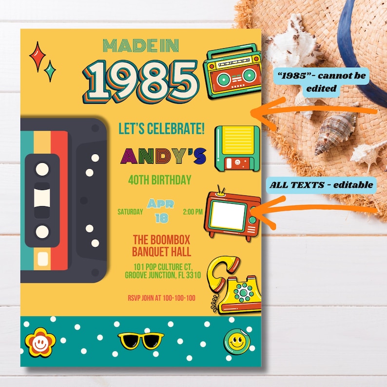 Birthday Party Invitation Template Made in 1985 Retro 80's Editable ...