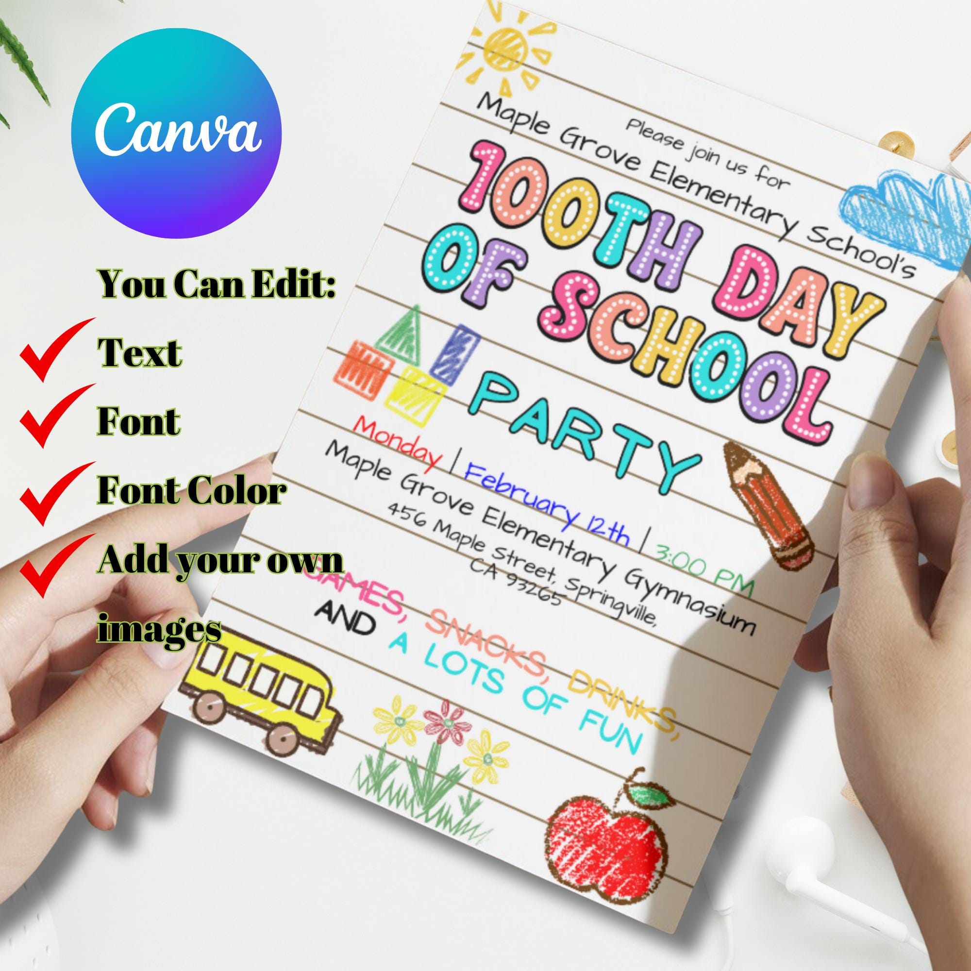 Editable 100th Day of School Class Party Invitation Template, Printable ...