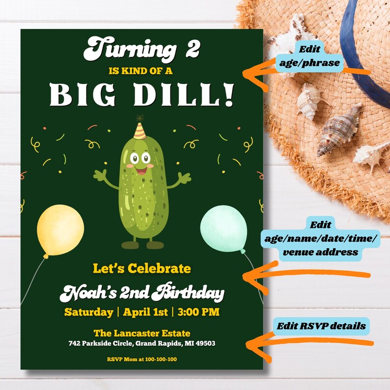 Editable Pickle Birthday Party Invitation Template, Printable Big Dill ...