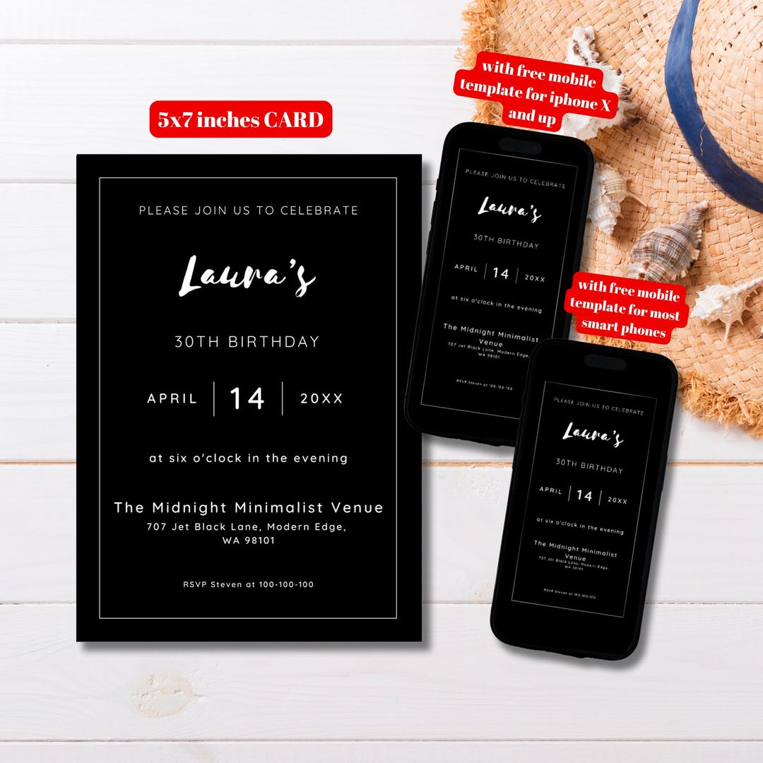 Editable Black Birthday Party Invitation Template, Printable 30th Black ...