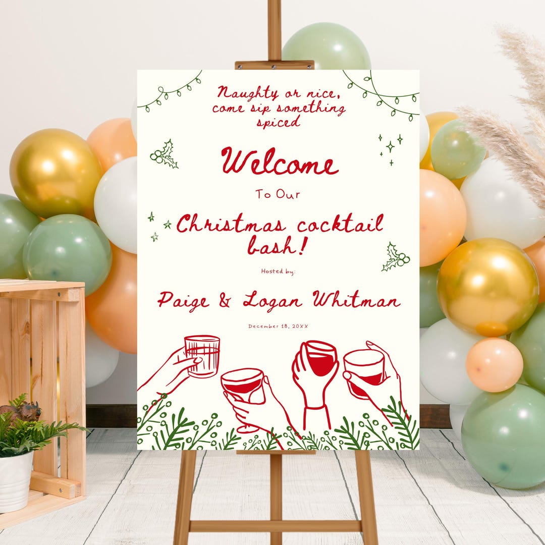 Editable Whimsical Doodle Christmas Cocktail Party Welcome Sign ...