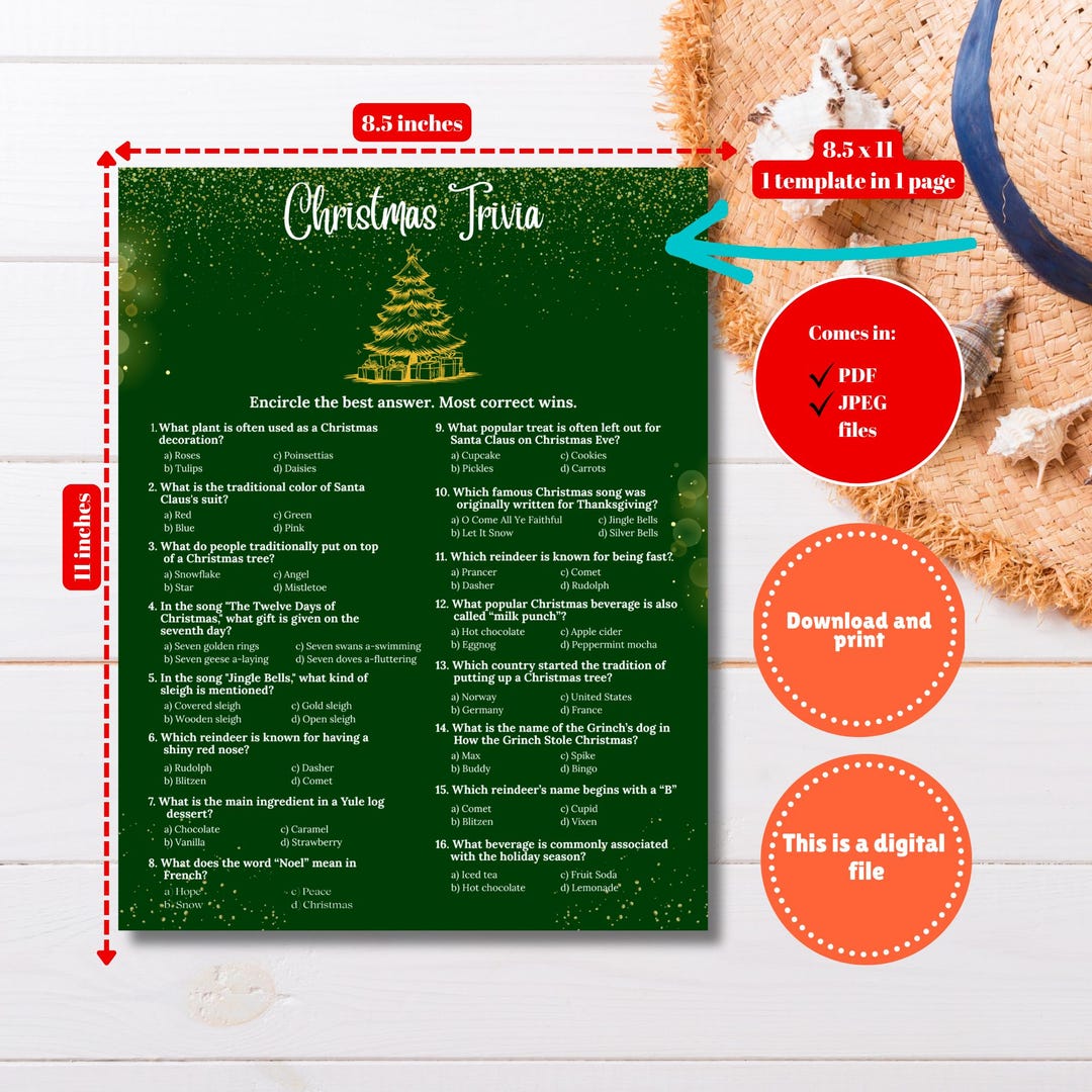 Printable Green and Gold Christmas Tree Trivia Game, Christmas Trivia ...