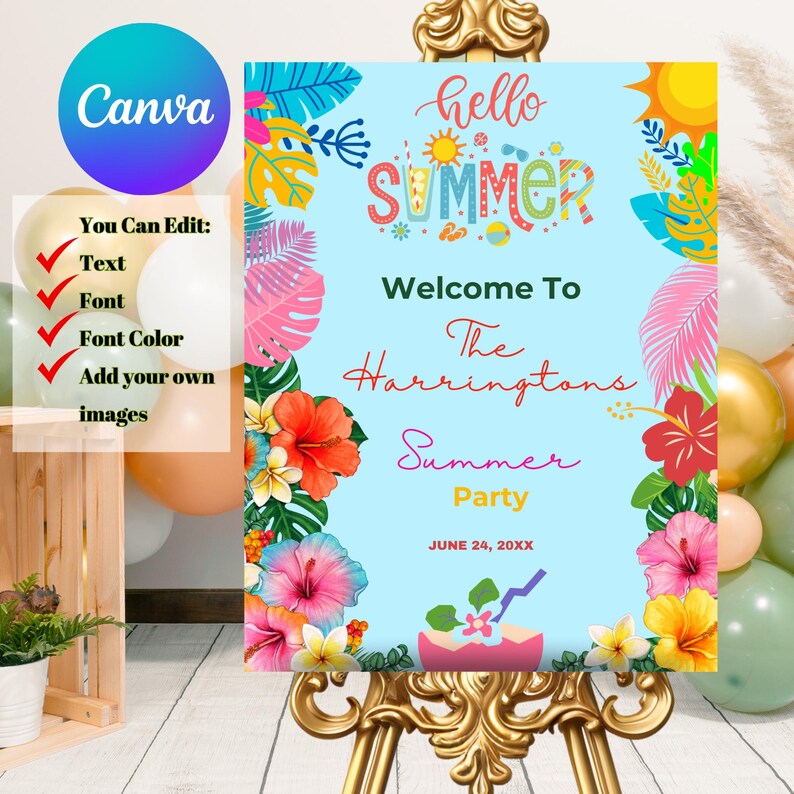 Editable Summer Party Welcome Sign Template, Printable Hello Summer ...