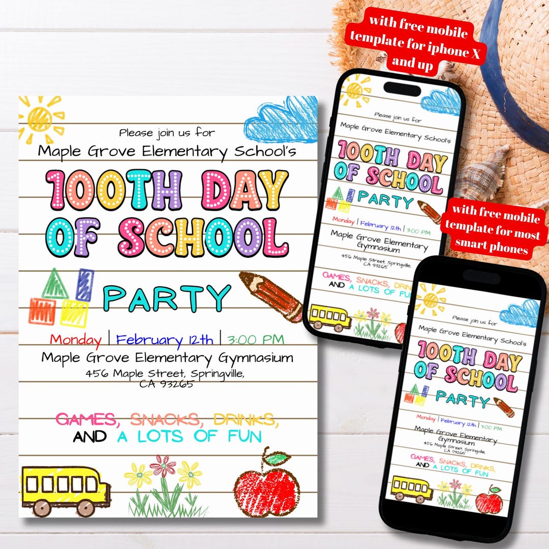 Editable 100th Day of School Class Party Invitation Template, Printable ...