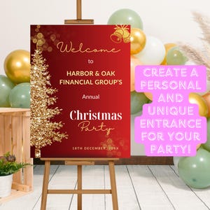 Editable Elegant Red and Gold Christmas Party Welcome Sign Template ...