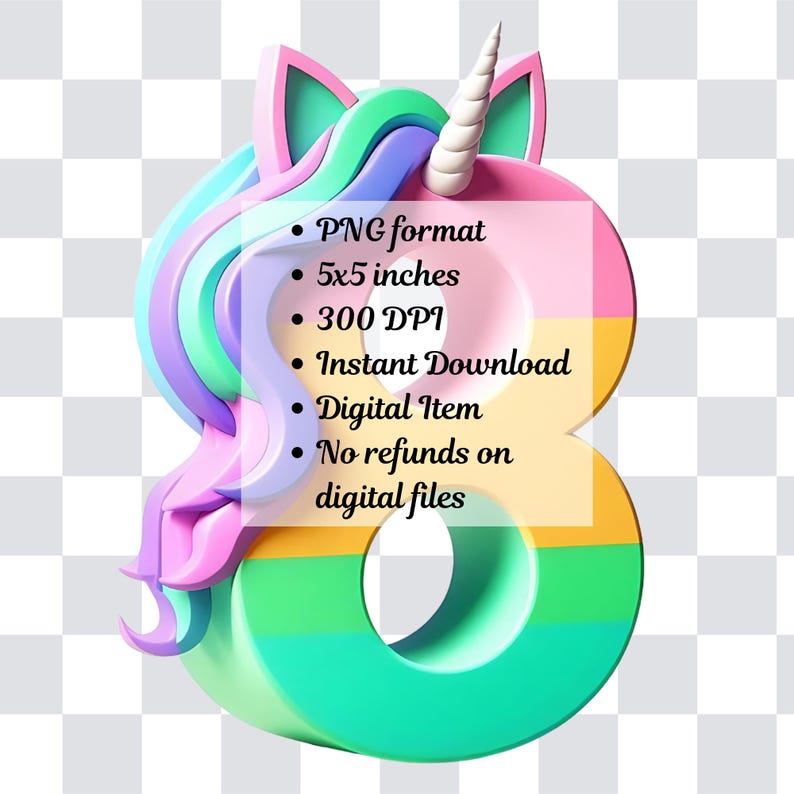 3D Blocky Unicorn Number PNG, Happy Birthday 3D Unicorn Number 8 ...