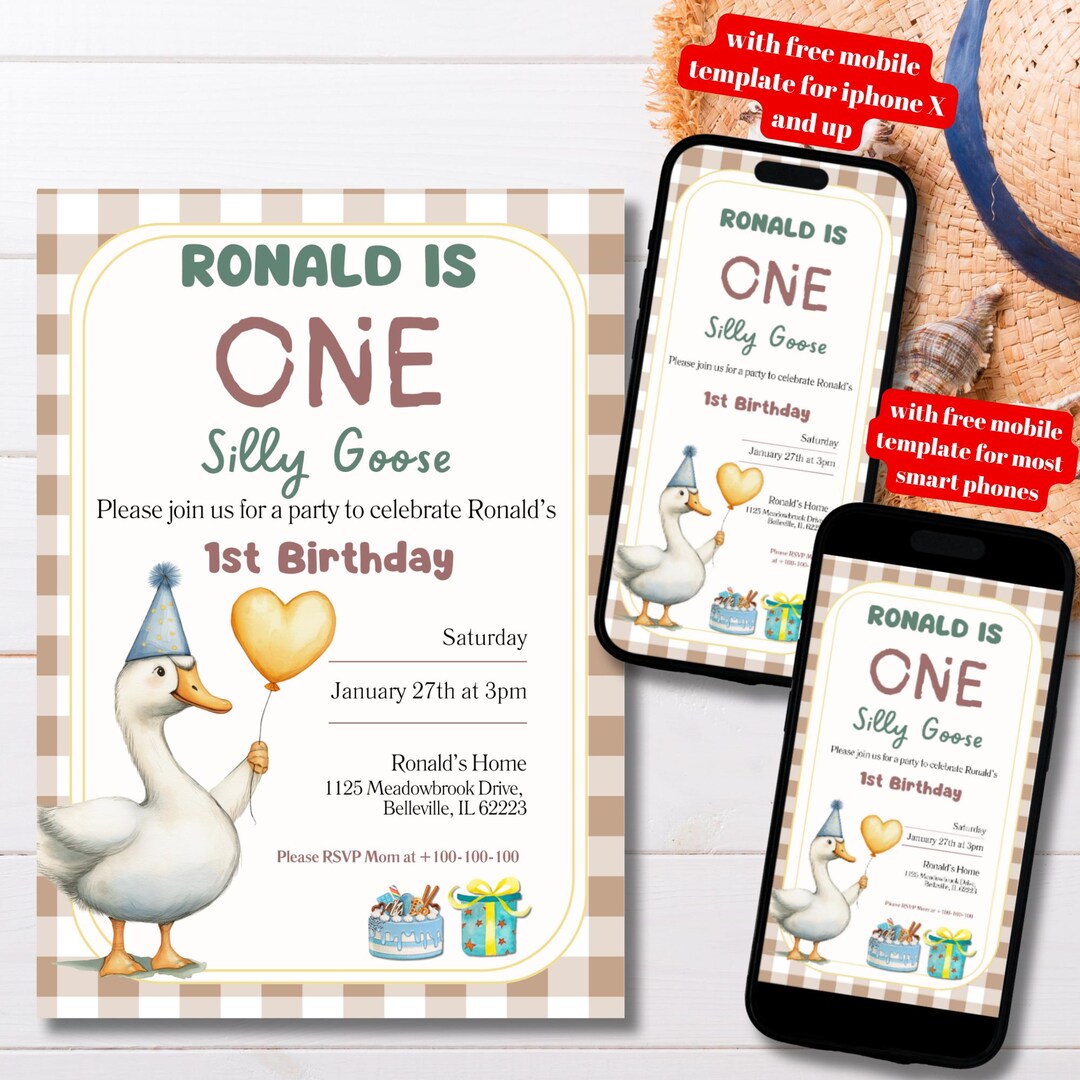 Editable Brown One Silly Goose Birthday Invitation Template, Printable ...
