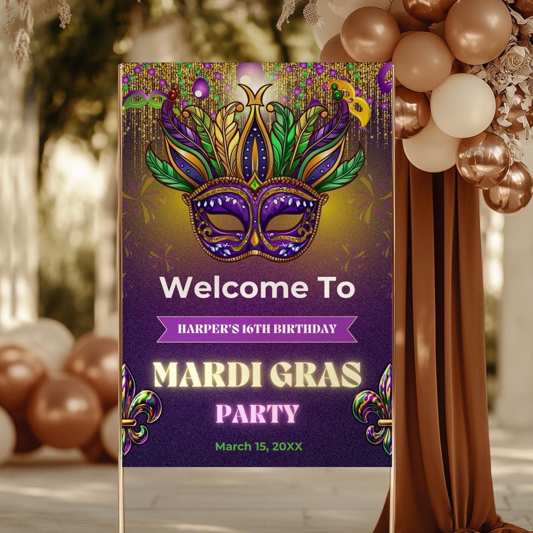 Editable Mardi Gras Birthday Party Welcome Sign Template, Printable ...