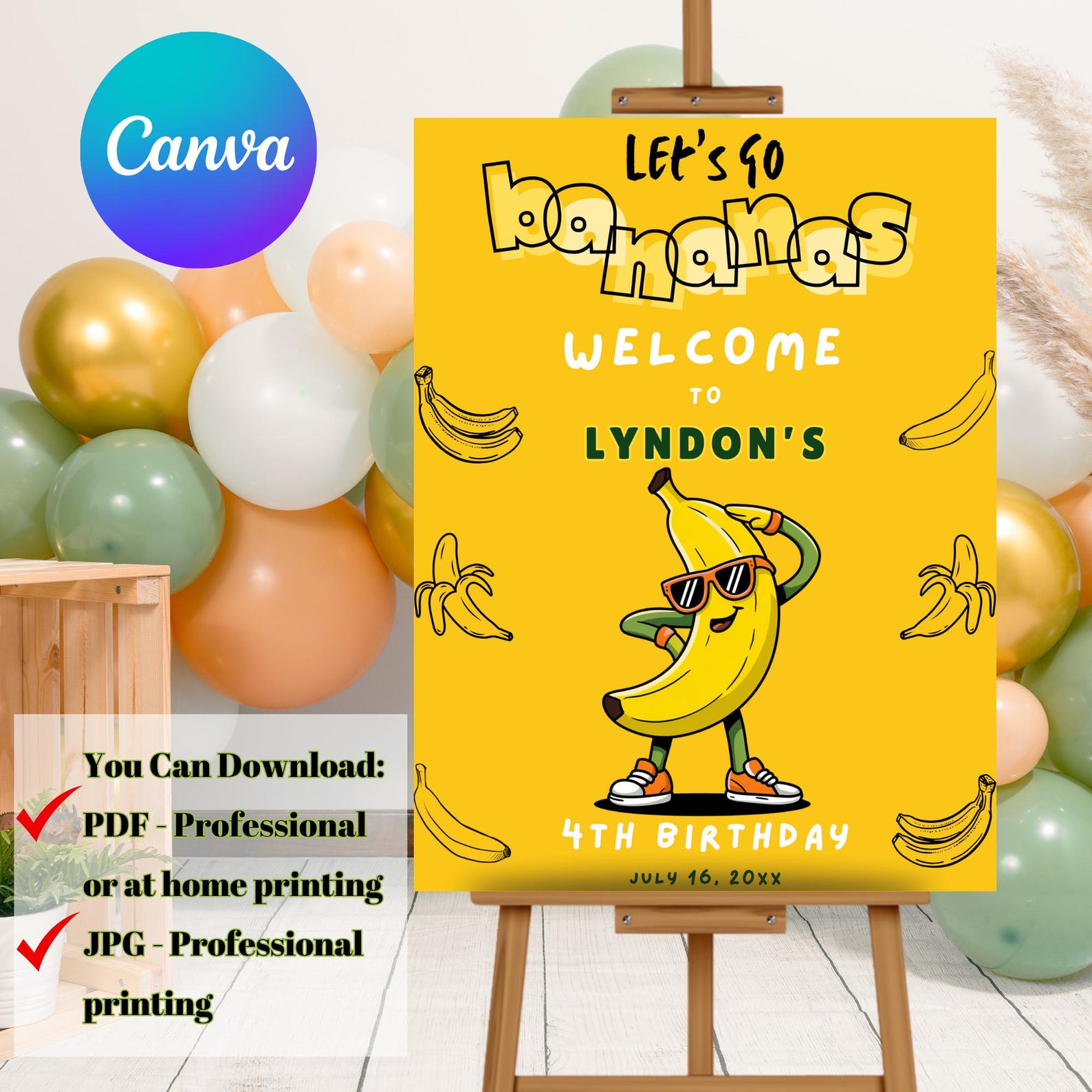 Editable Let's Go Bananas Birthday Party Welcome Sign Template ...