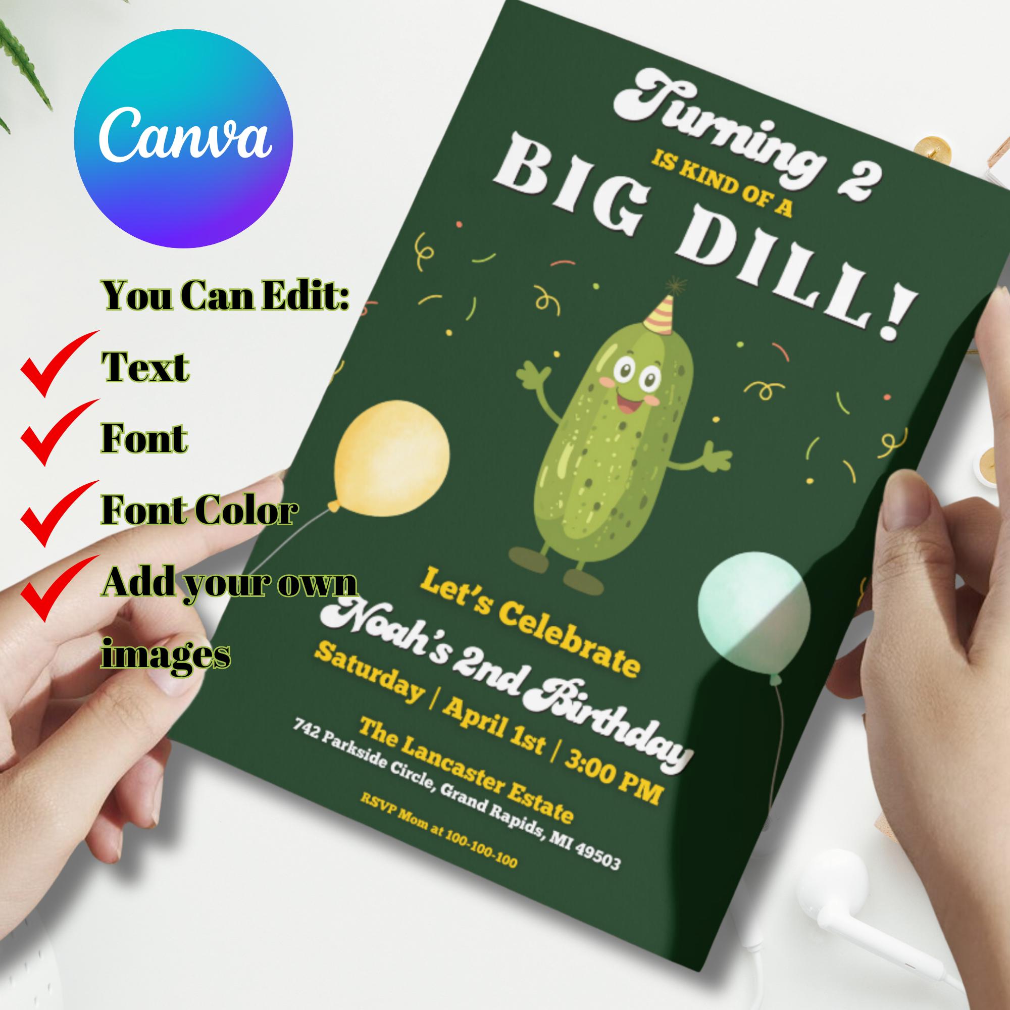 Editable Pickle Birthday Party Invitation Template, Printable Big Dill ...
