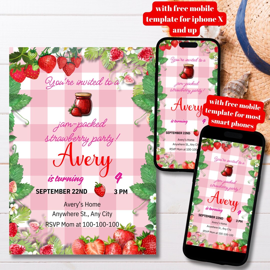 Editable Berry Sweet Strawberry Birthday Party Invitation Template ...