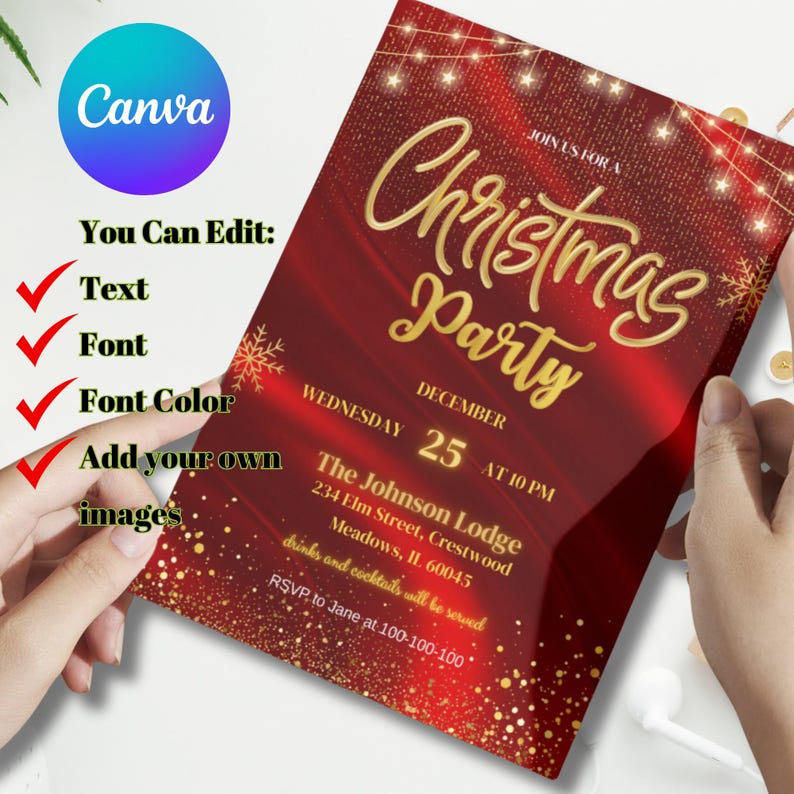Editable Red and Gold Christmas Party Invitation Template, Elegant Red ...