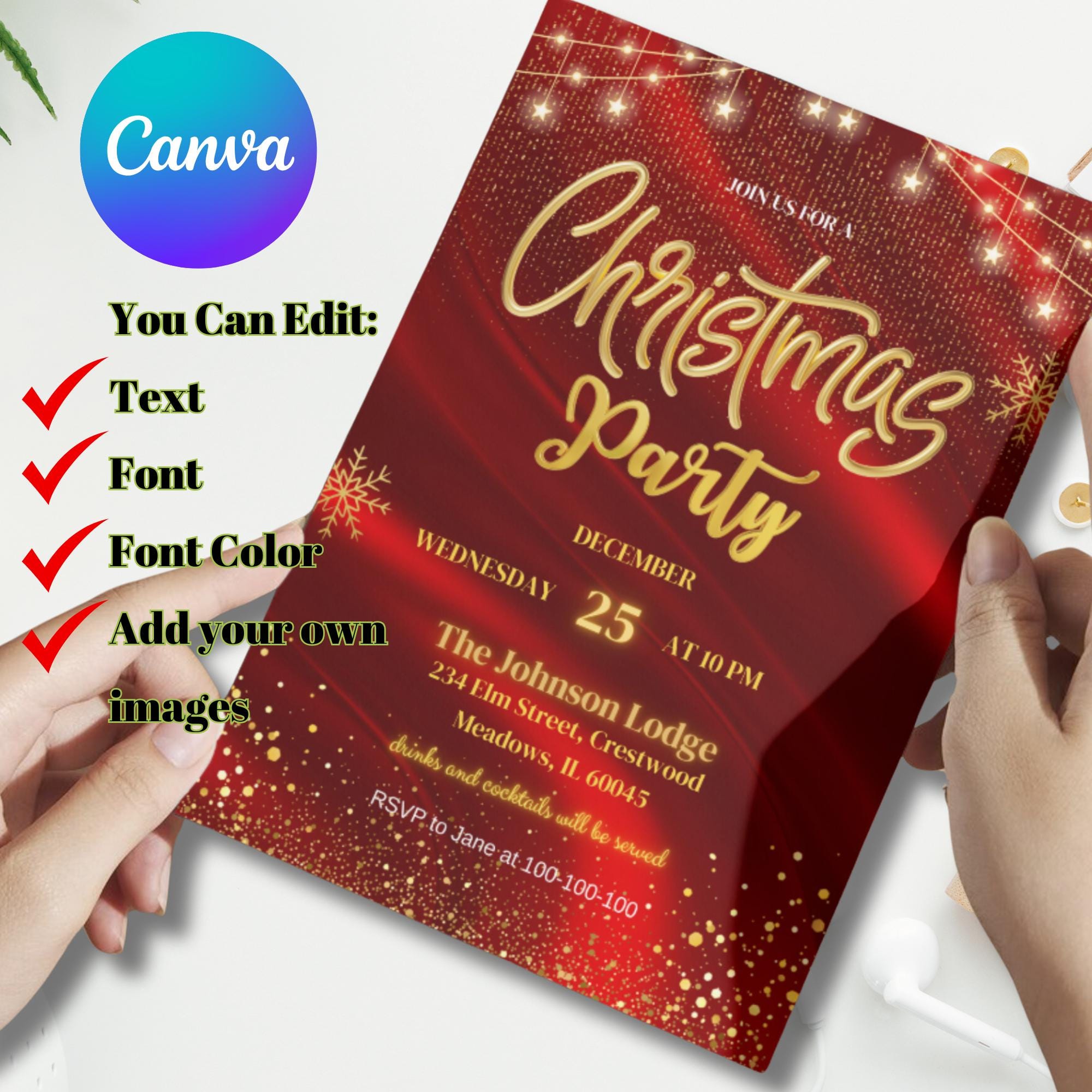 Editable Red and Gold Christmas Party Invitation Template, Elegant Red ...