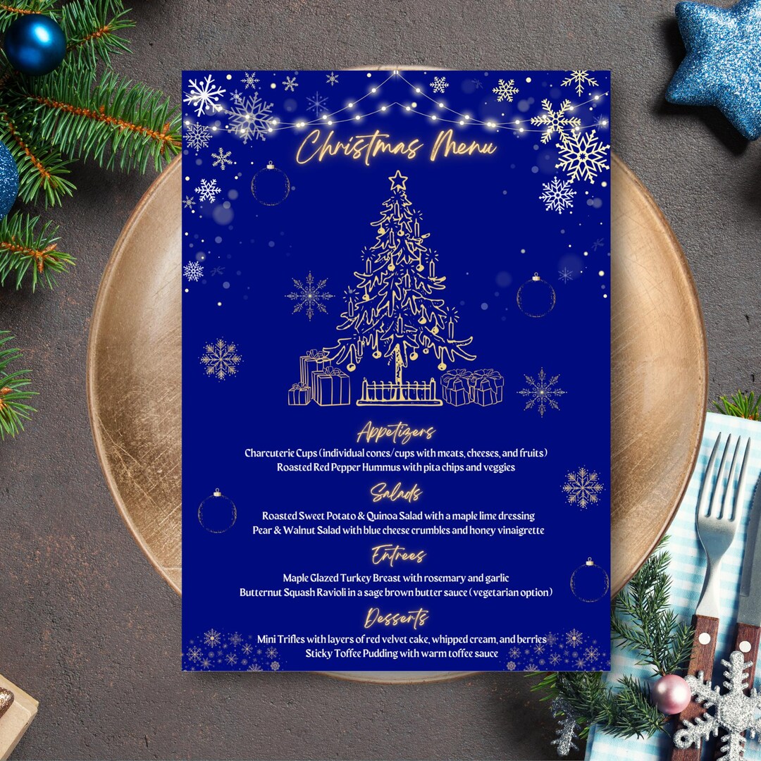 Editable Blue and Gold Christmas Party 5x7 Menu Template, Printable ...