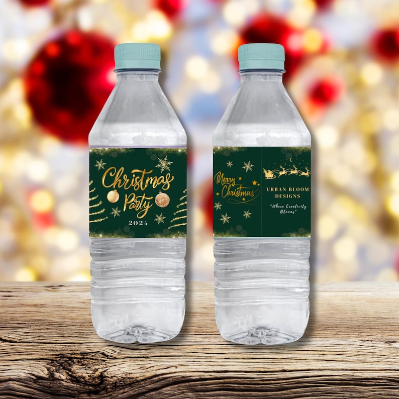 Editable Christmas Water Bottle Label Template, Elegant Emerald Green ...