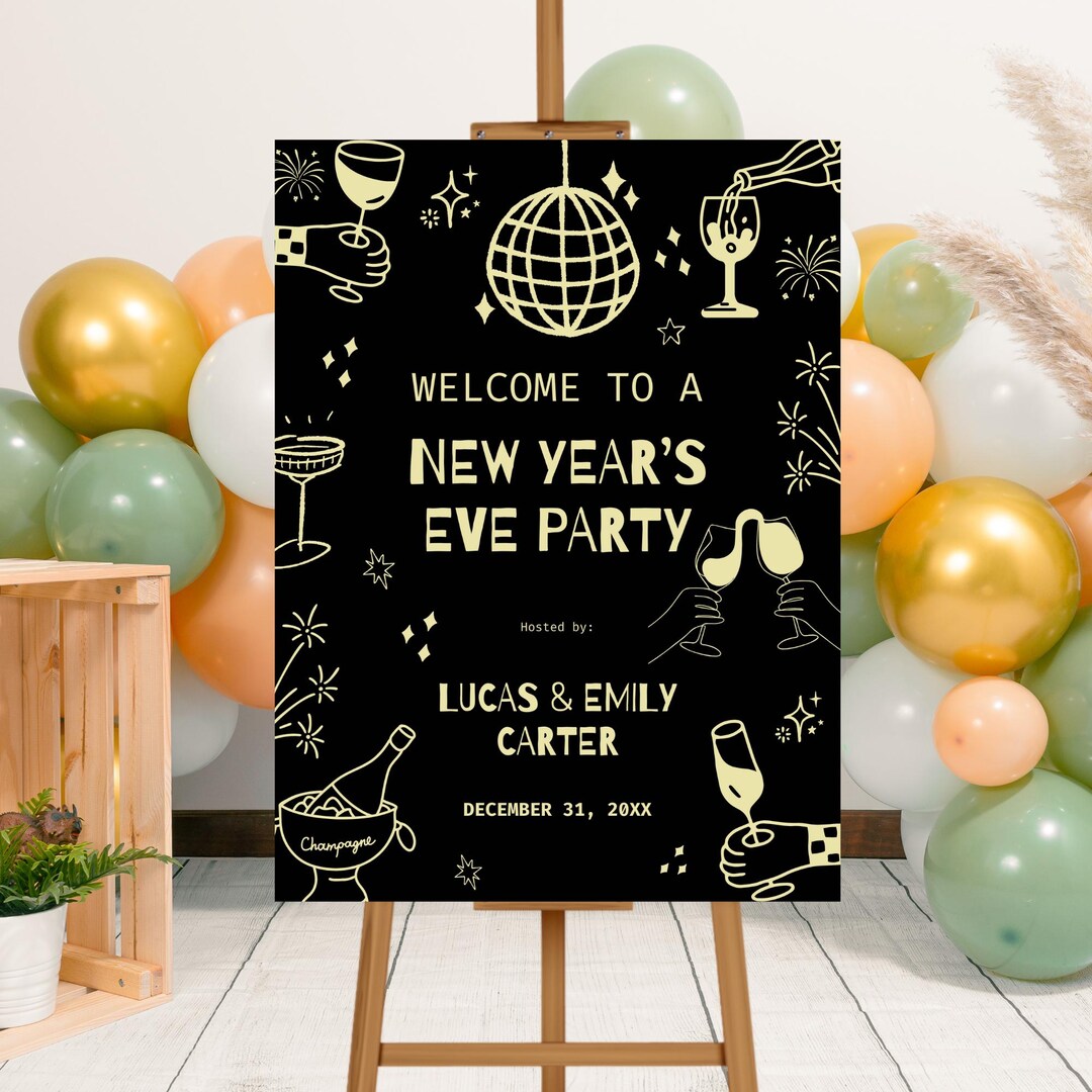Editable Doodle New Year's Eve Party Welcome Sign Template, Printable ...