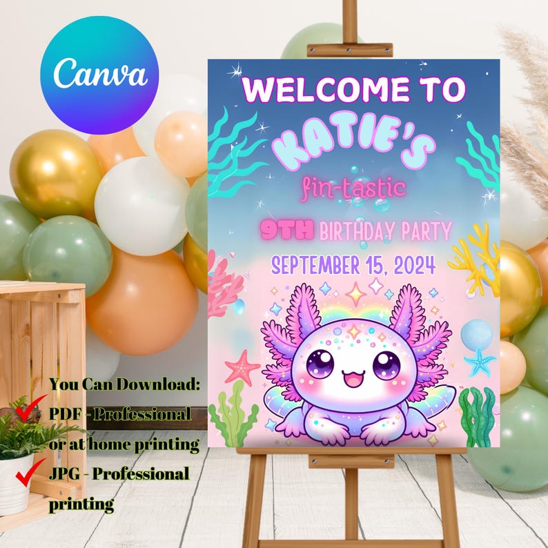 Editable Pink Axolotl Birthday Party Welcome Sign Template, Printable ...